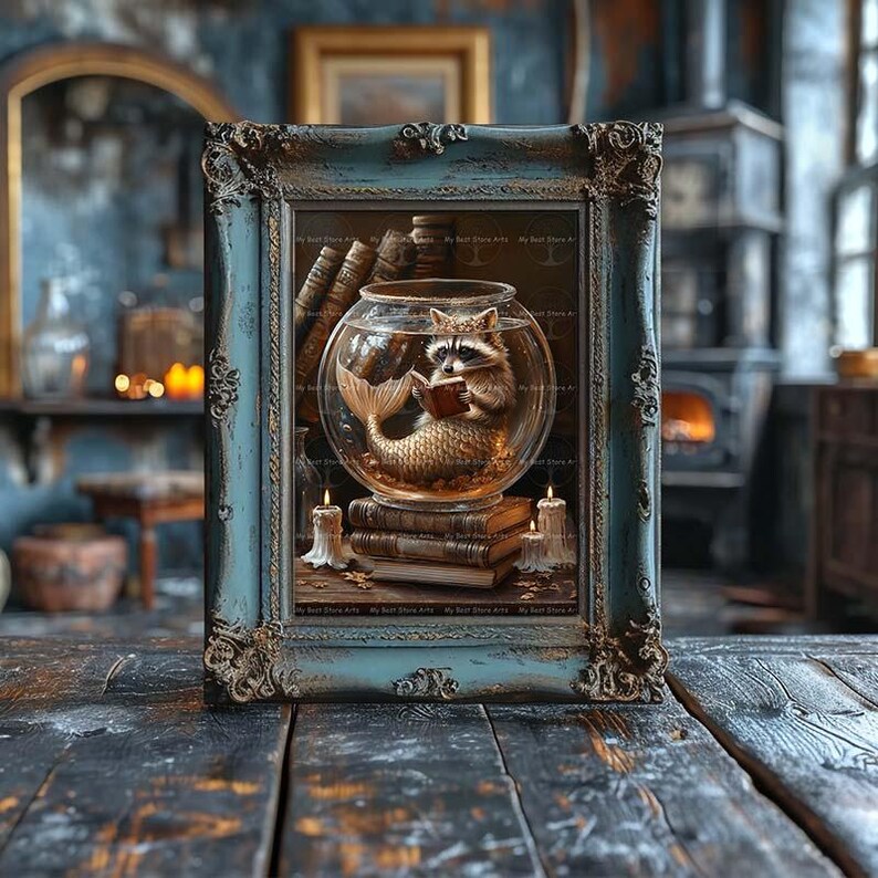 Mermaid Raccoon in Fishbowl Art Print - Fairytale Fantasy Wall Decor ...