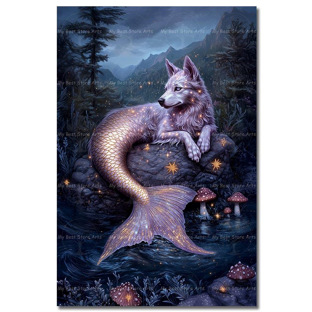 Mermaid Wolf Art Print - Mystical Poster, Cute Fantasy Decor, Elegant ...