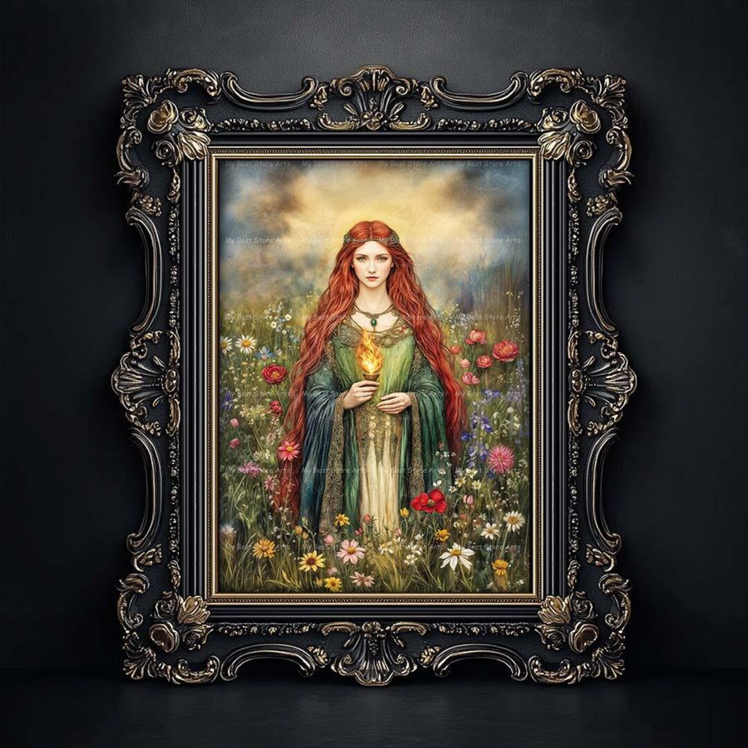 Brigid Art Print - Celtic Fire Goddess Wall Decor, Irish Spring Flower ...