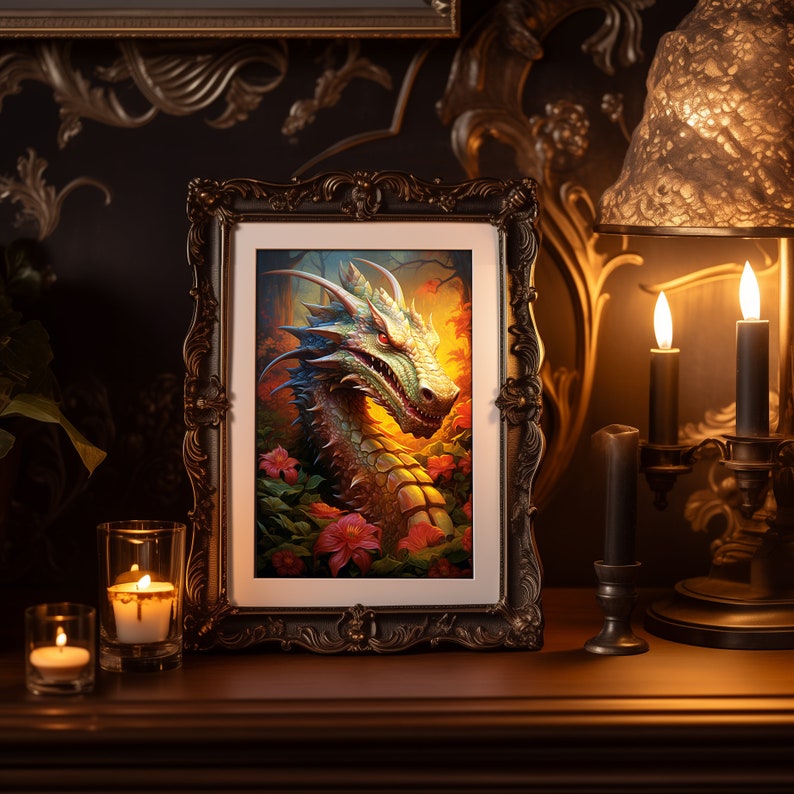 Rose Dragon Art Print Fantasy Poster, Flower and Mythical Creature ...