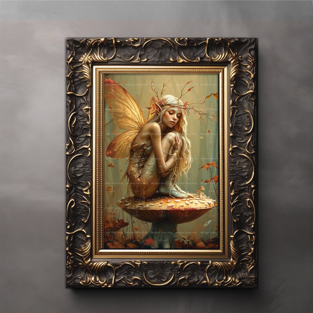 Golden Fairy Art Print Fantasy Cottagecore Picture, Autumn Fae Poster ...