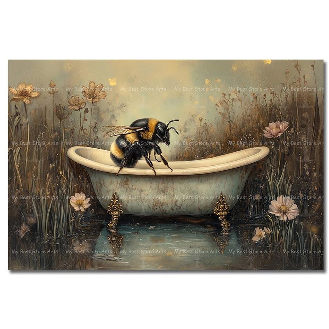 Bumble Bee Bathroom Art Print - Cottagecore Poster, Whimsical Picture ...