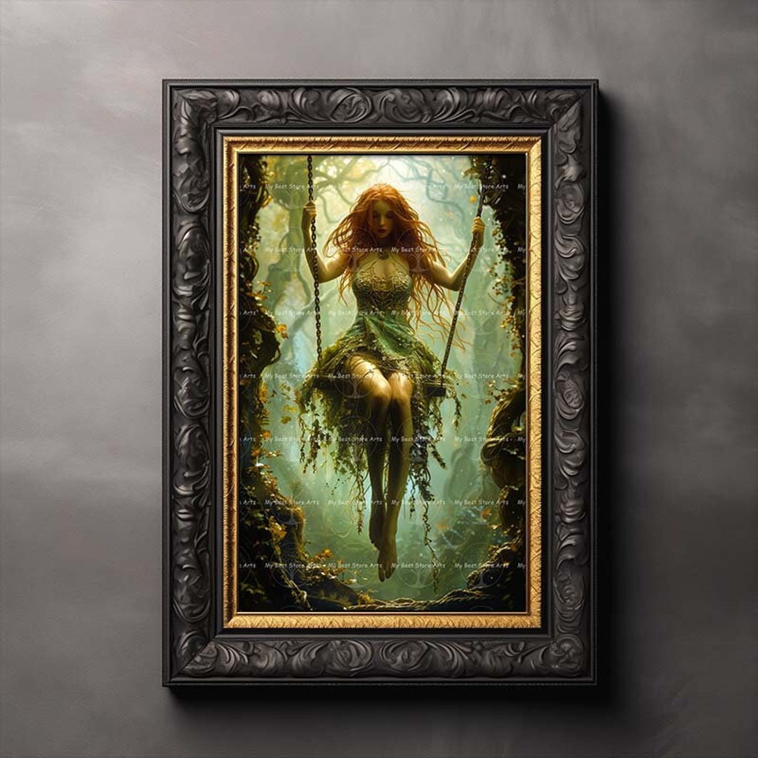 Brigid Goddess on Swing Art Print - Fantasy Cottagecore Picture, Celtic ...