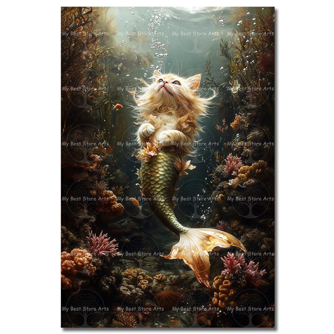 Cat Siren Art Print - Ocean Mermaid Cat Poster, Cute Fantasy Decor ...