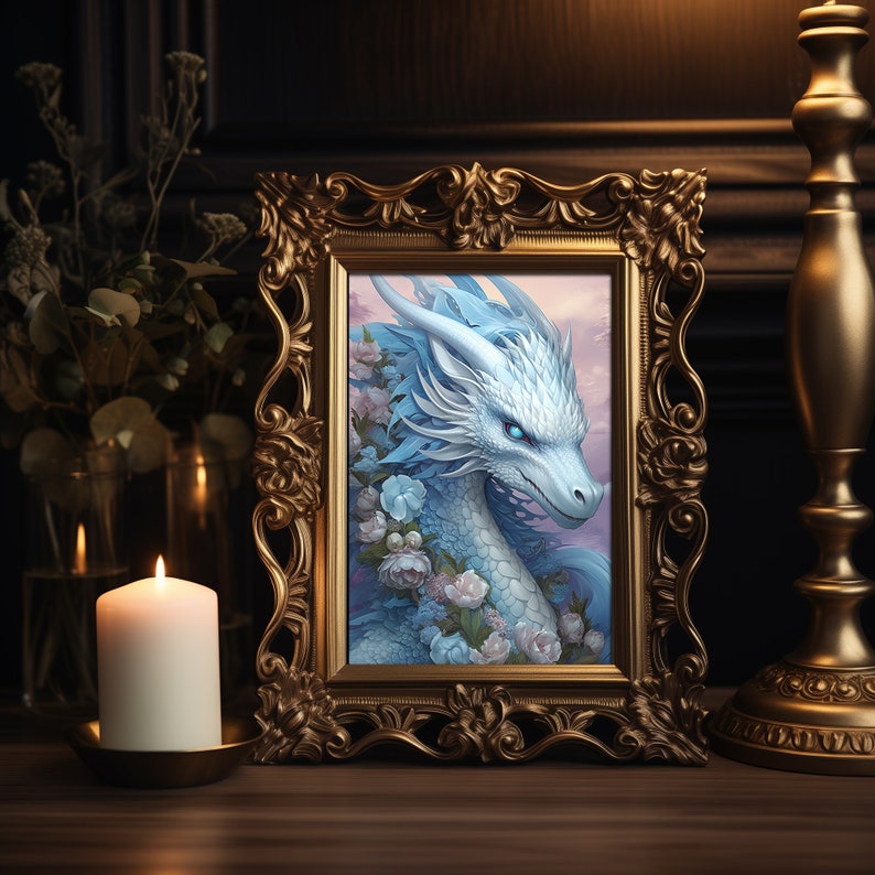 Light Blue Ice Dragon Art Print, Celestial Dragon Poster, Fantasy ...