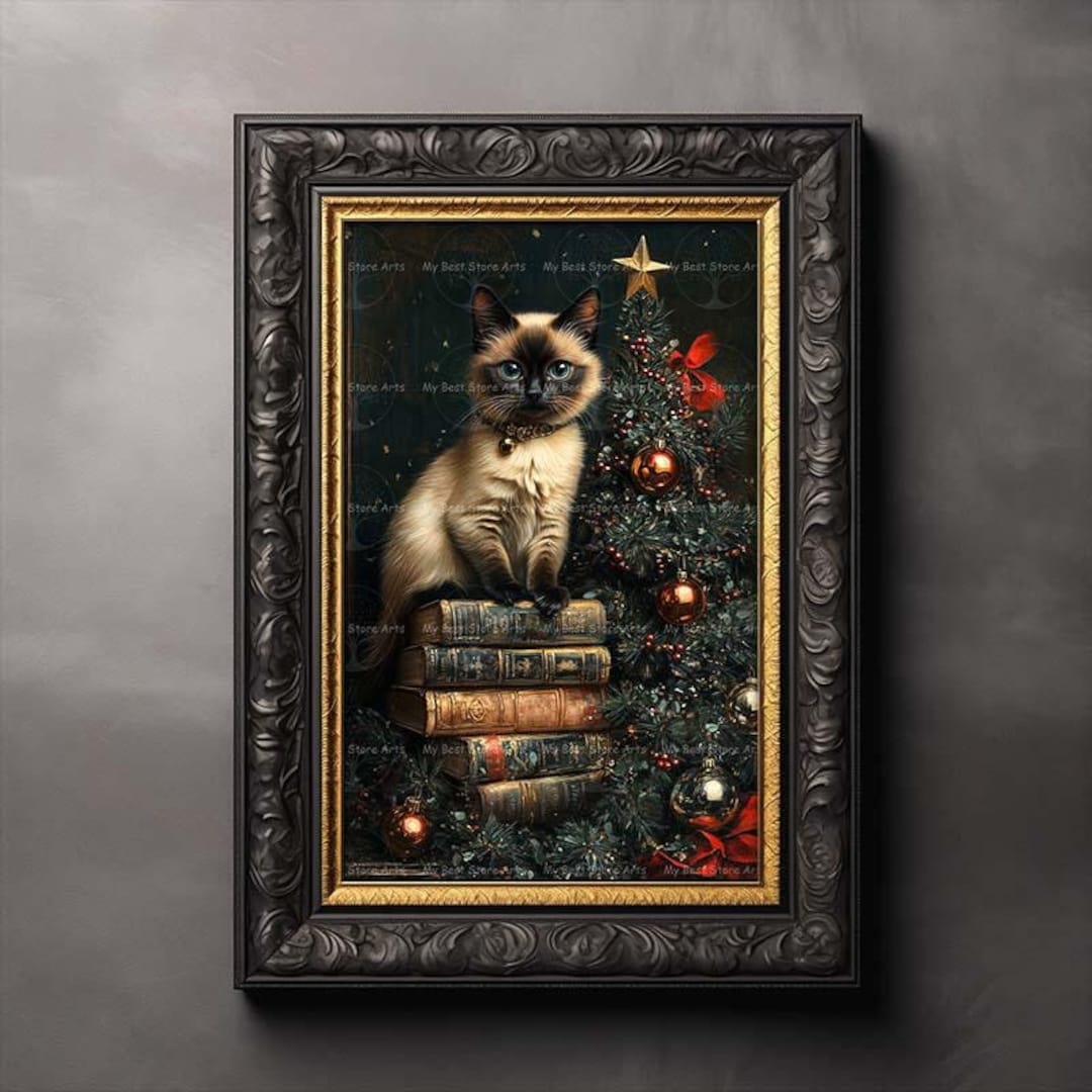 Holiday Siamese Cat Art Print - Cute Christmas Animal Wall Decor ...