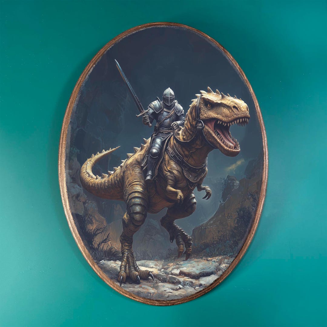 T-rex Knight Wooden Decor- Fantasy Vintage Style Wood Plaque, Gothic ...