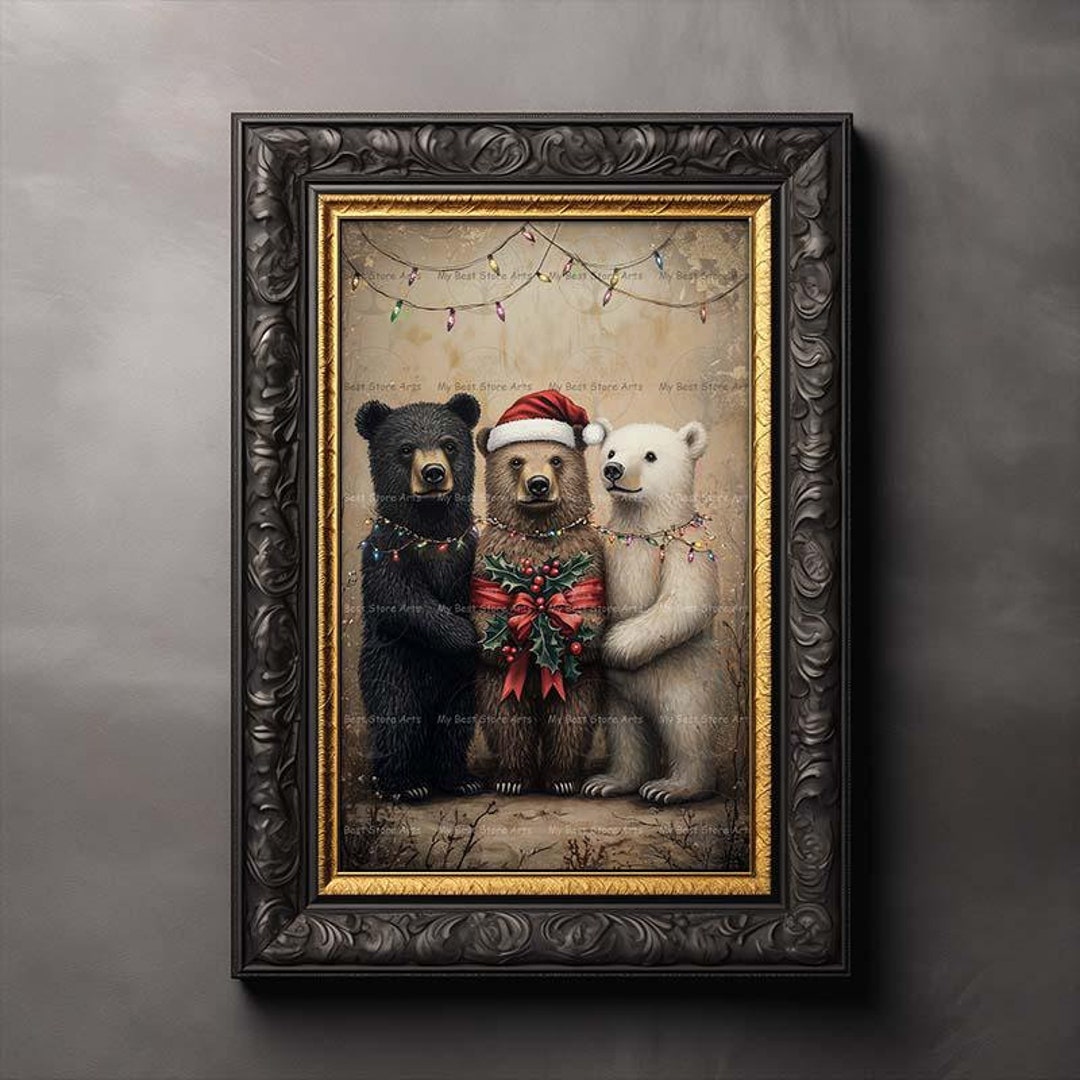 Christmas Bear Friends Art Print Cute Animal Wall Decor, Grizzly Bear ...