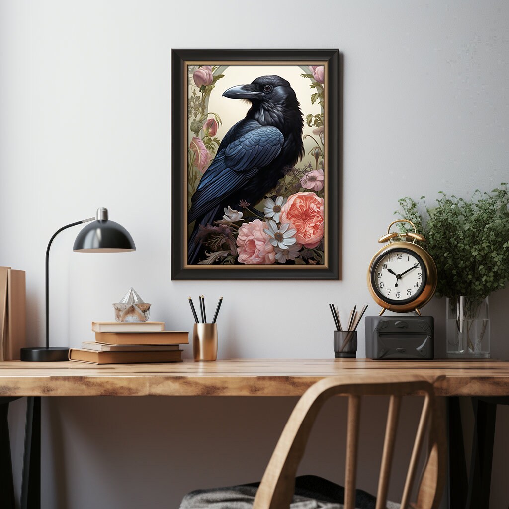 Raven Fantasy Art Print Whimsical Raven Decor Floral - Etsy