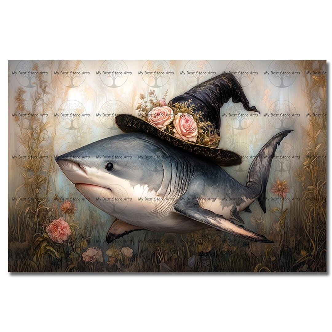 Witchy Shark Art Print - Ocean Fantasy, Whimsical Gothic Animal Poster ...