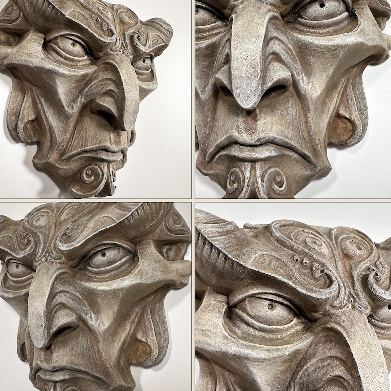Gargoyle Face Wall Sculpture - Hand-painted Concrete Decor, Dark ...