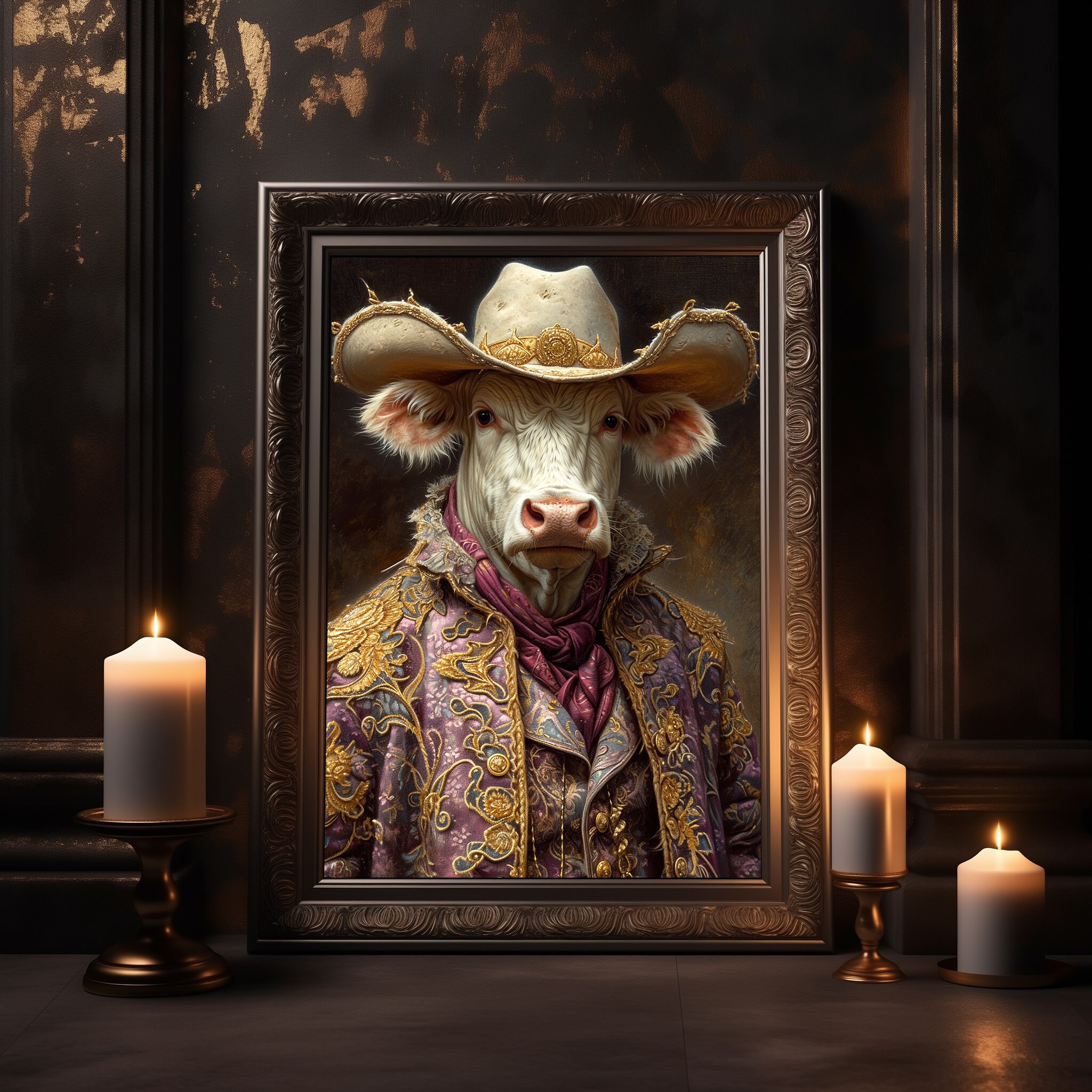 Cowboy Cow Art Print Fantasy Poster, Farm Home Decor, Bull Portrait ...