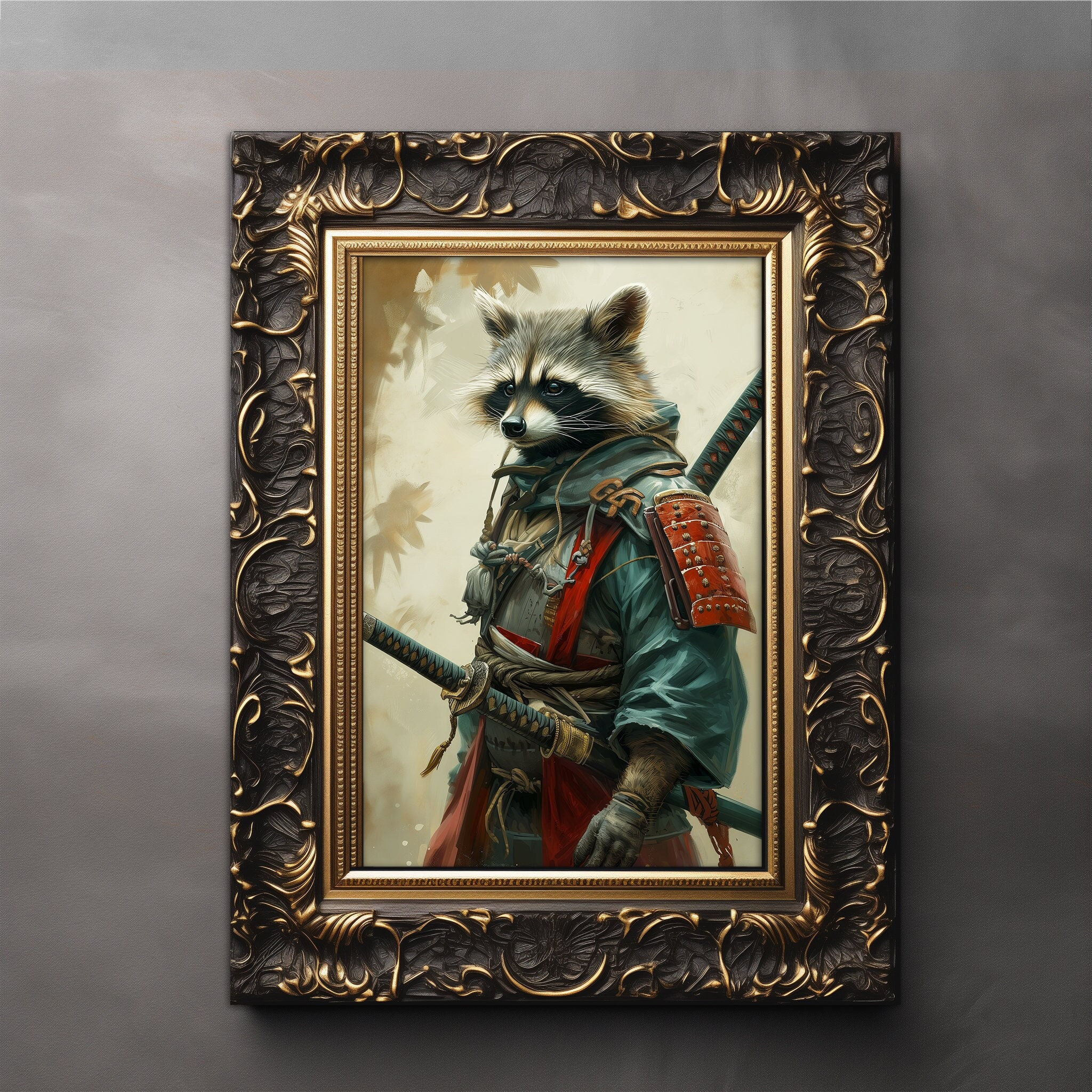Raccoon Samurai Art Print, Fighter Raccoon Wall Decor, Warrior Animal ...