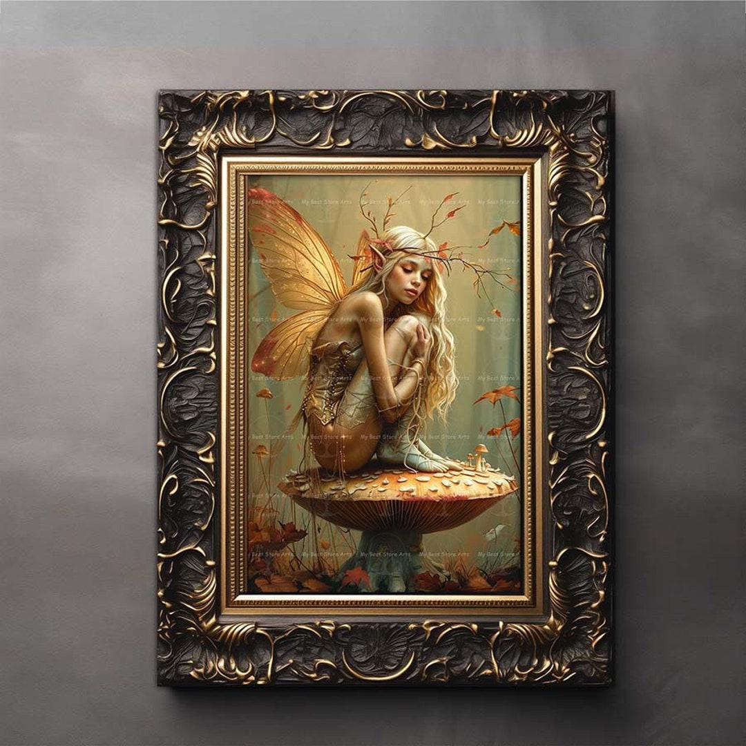 Golden Fairy Art Print - Fantasy Cottagecore Picture, Autumn Fae Poster ...