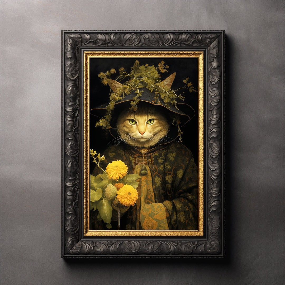 Cute Flora Cat Fine Art Print Feline Picture, Witchy Home Decor, Pet ...