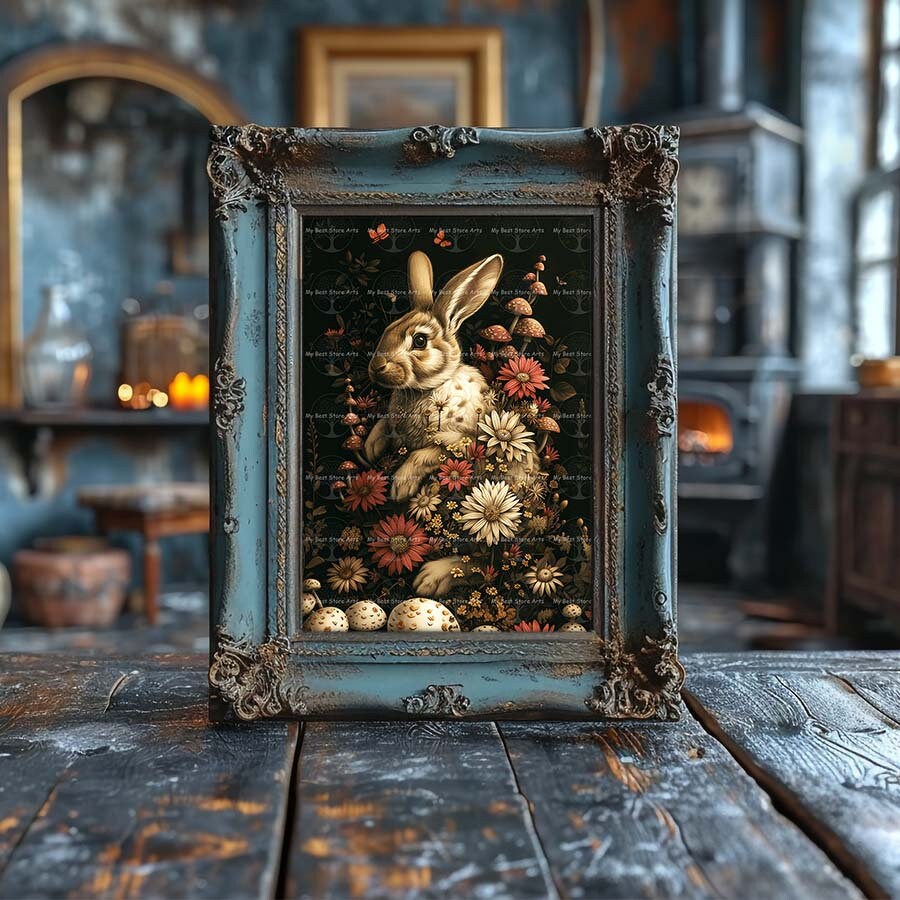 Cottagecore Rabbit Art Print - Botanical Poster, Moody Flower Wall ...