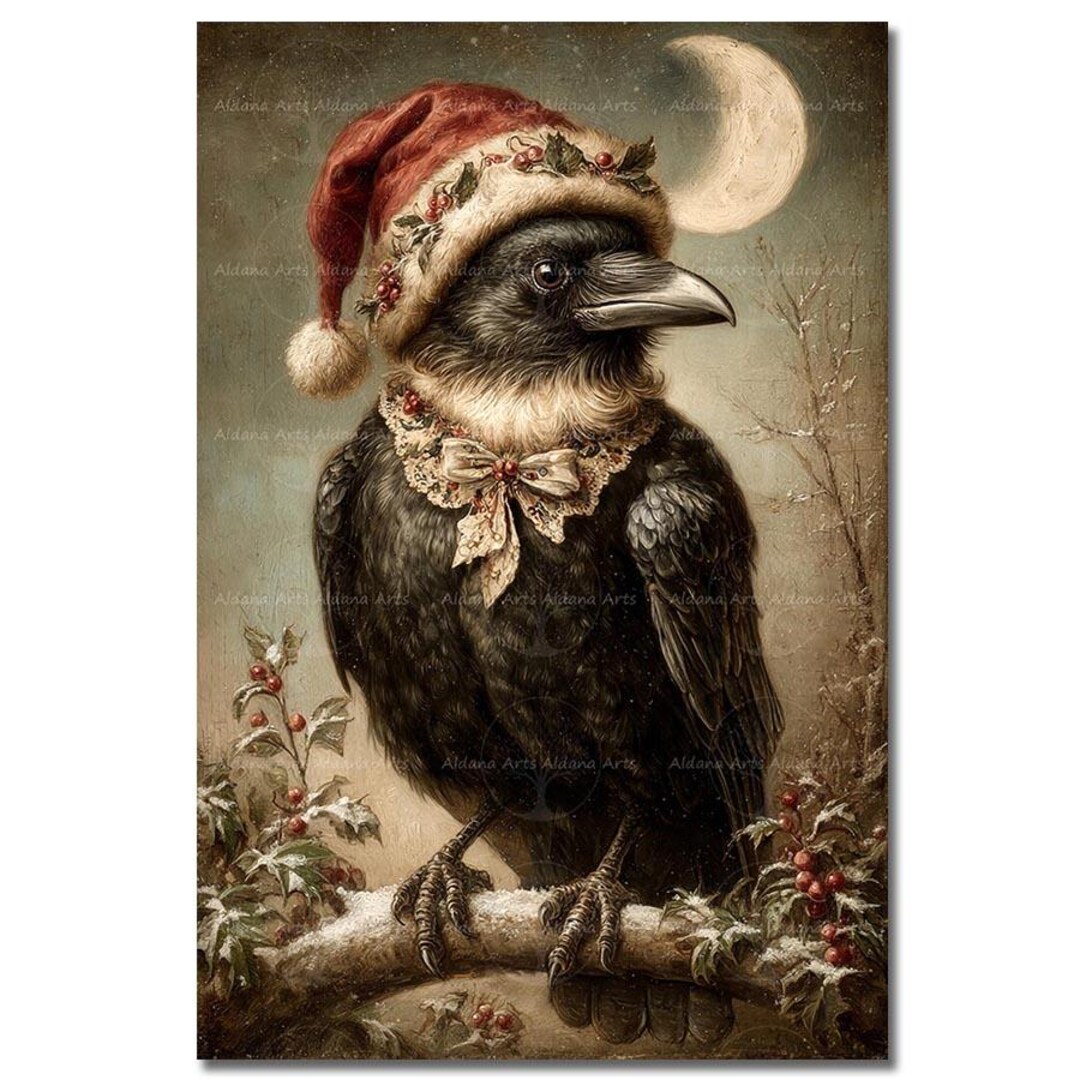 Christmas Crow Art Print - Gothic Animal Wall Decor, Whimsical Yuletide ...