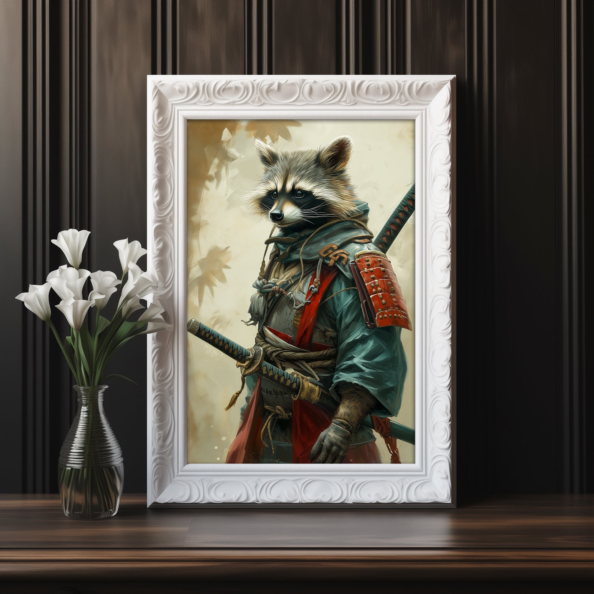 Raccoon Samurai Art Print, Fighter Raccoon Wall Decor, Warrior Animal ...
