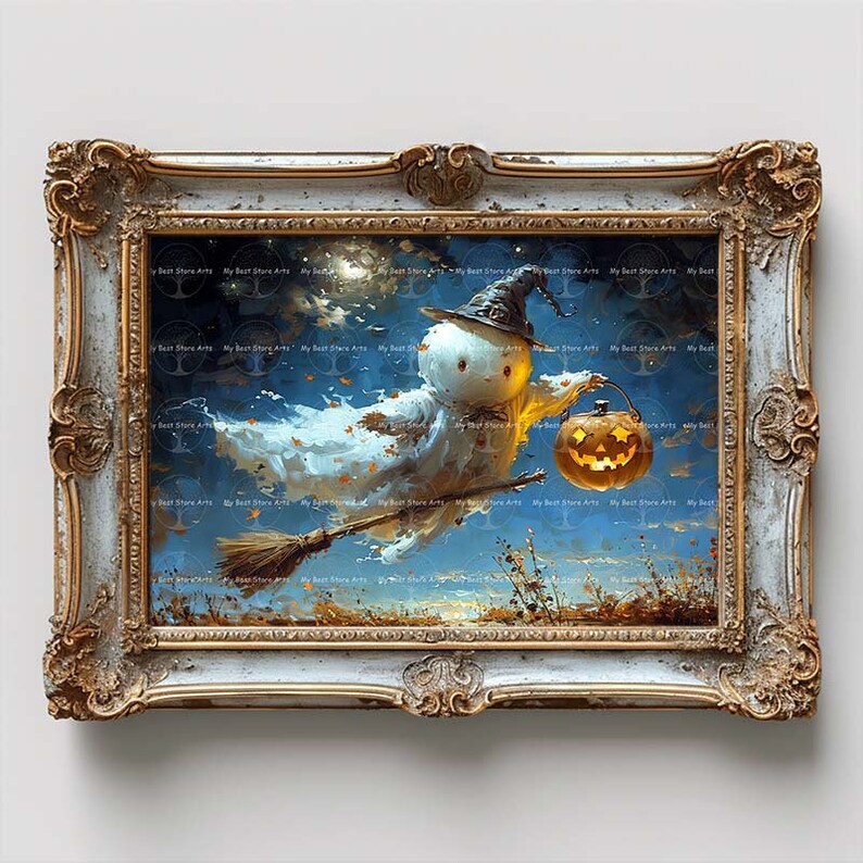 Halloween Ghost on Broom Art Print - Witchy Dark Academia, Cute Home ...