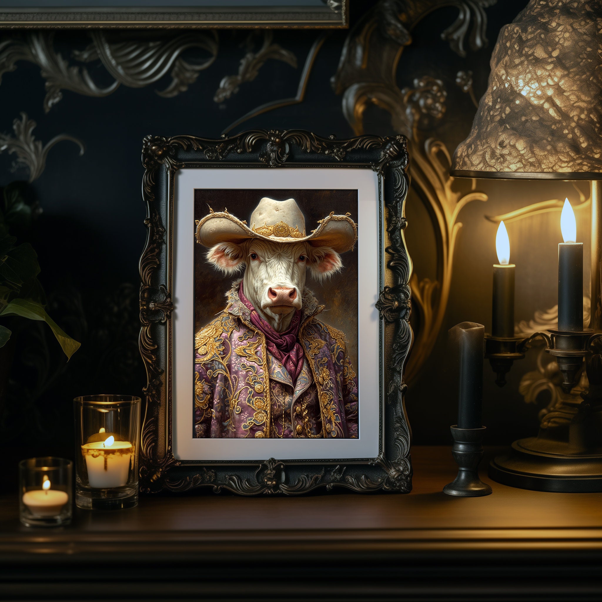 Cowboy Cow Art Print Fantasy Poster, Farm Home Decor, Bull Portrait ...