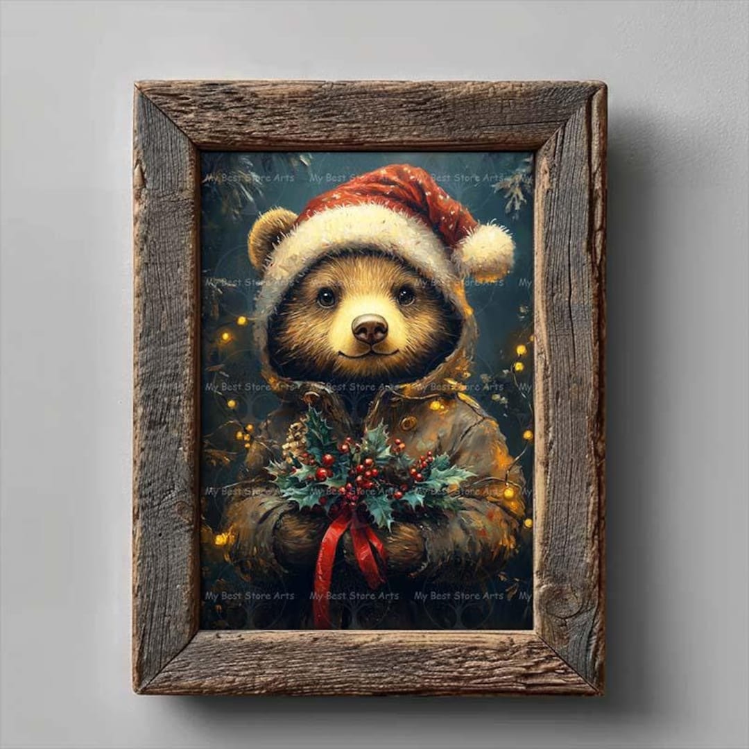 Santa Bear Christmas Art Print - Cute Animal Wall Decor, Grizzly Bear ...