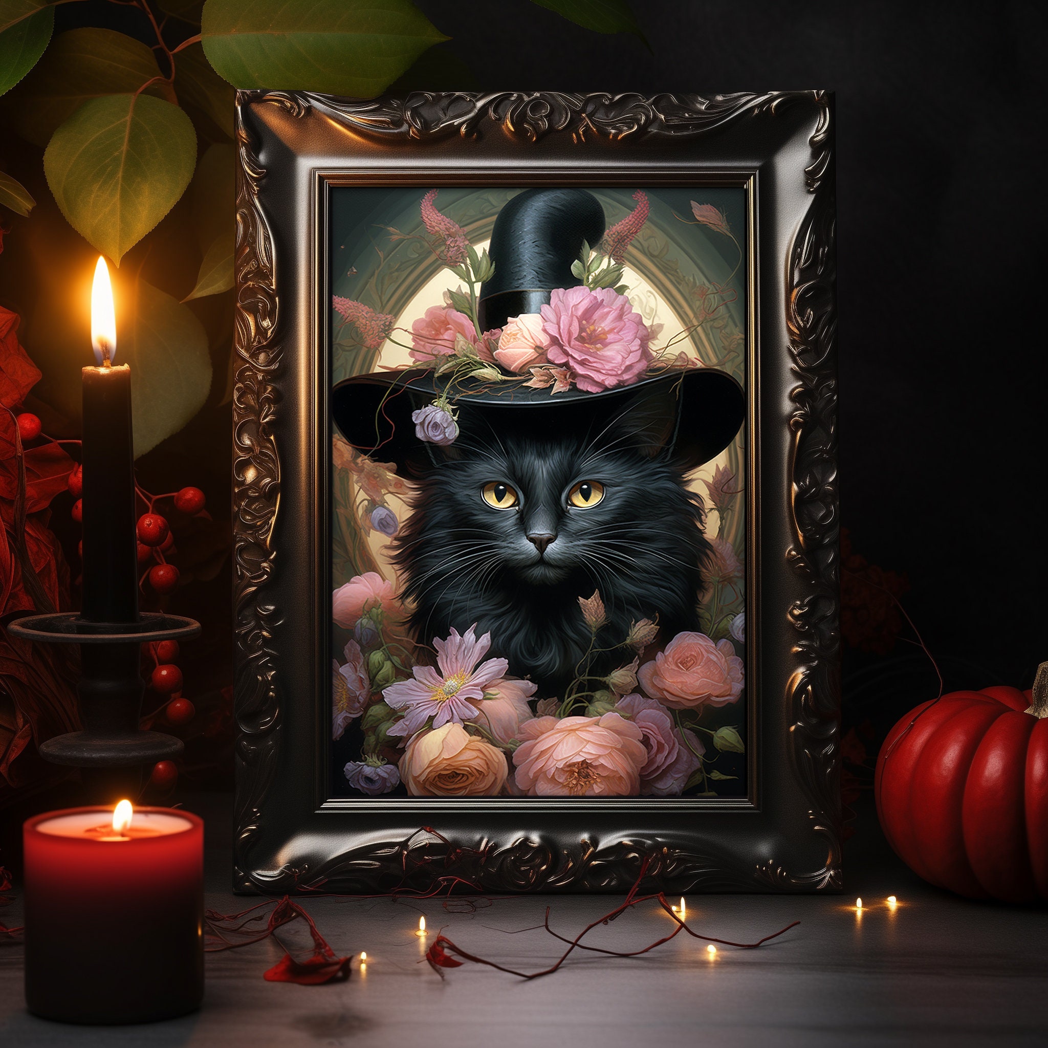 Witchy Flower Cat Art Print Fantasy Surreal Poster, Whimsigoth, Cute ...
