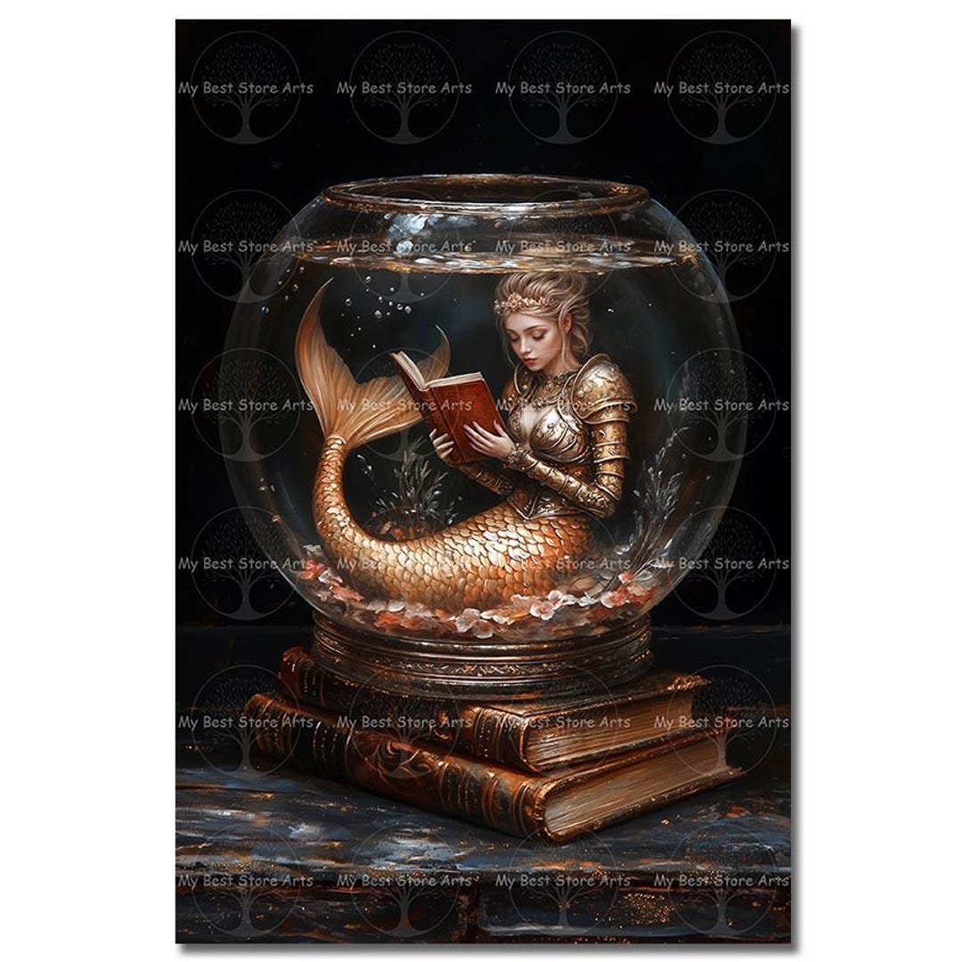 Mermaid Reading in Fishbowl Art Print - Fairytale Fantasy Wall Decor ...
