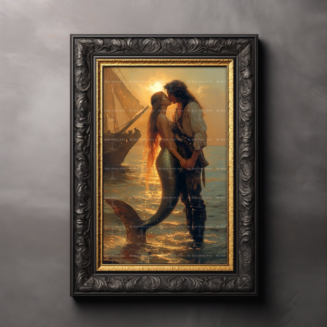 Mermaid and Sailor Art Print Sunset Romance Love Poster, Siren Painting ...