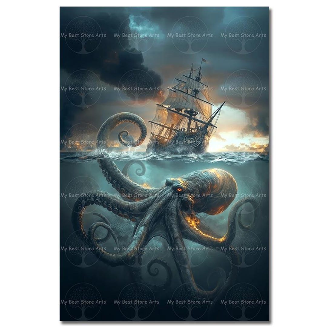 The Kraken Art Print - Fantasy Octopus Wall Decor, Dark Academia ...
