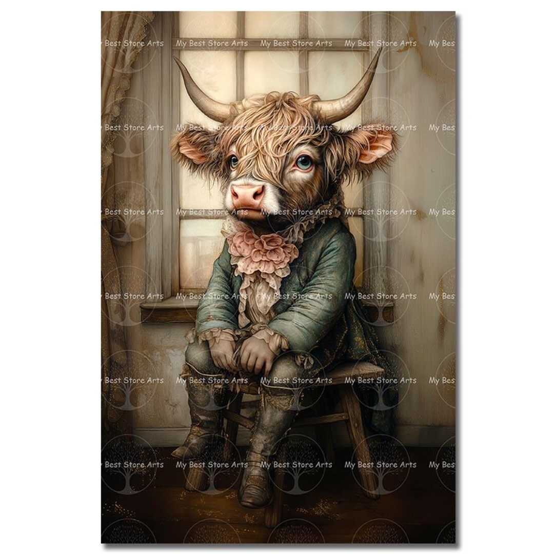 Highland Cow Art Print - Fantasy Poster, Barn Animal Portrait, Cute ...