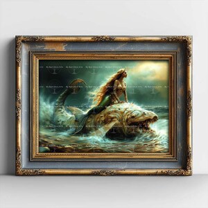 Mermaid and Sea Monster Art Print - Fantasy Wall Decor, Gothic Dark ...