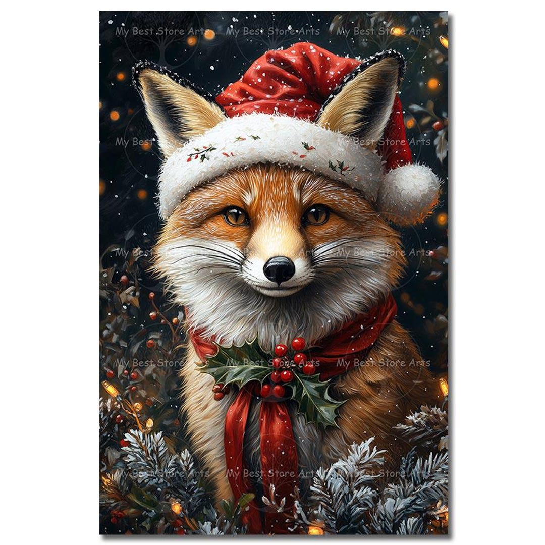 Santa Fox Art Print - Cute Animal Wall Decor, Funny Christmas Picture ...