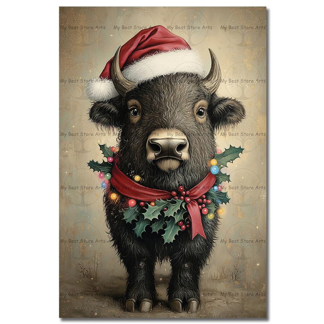 Christmas Bison Art Print - Cute Animal Wall Decor, Santa Buffalo ...