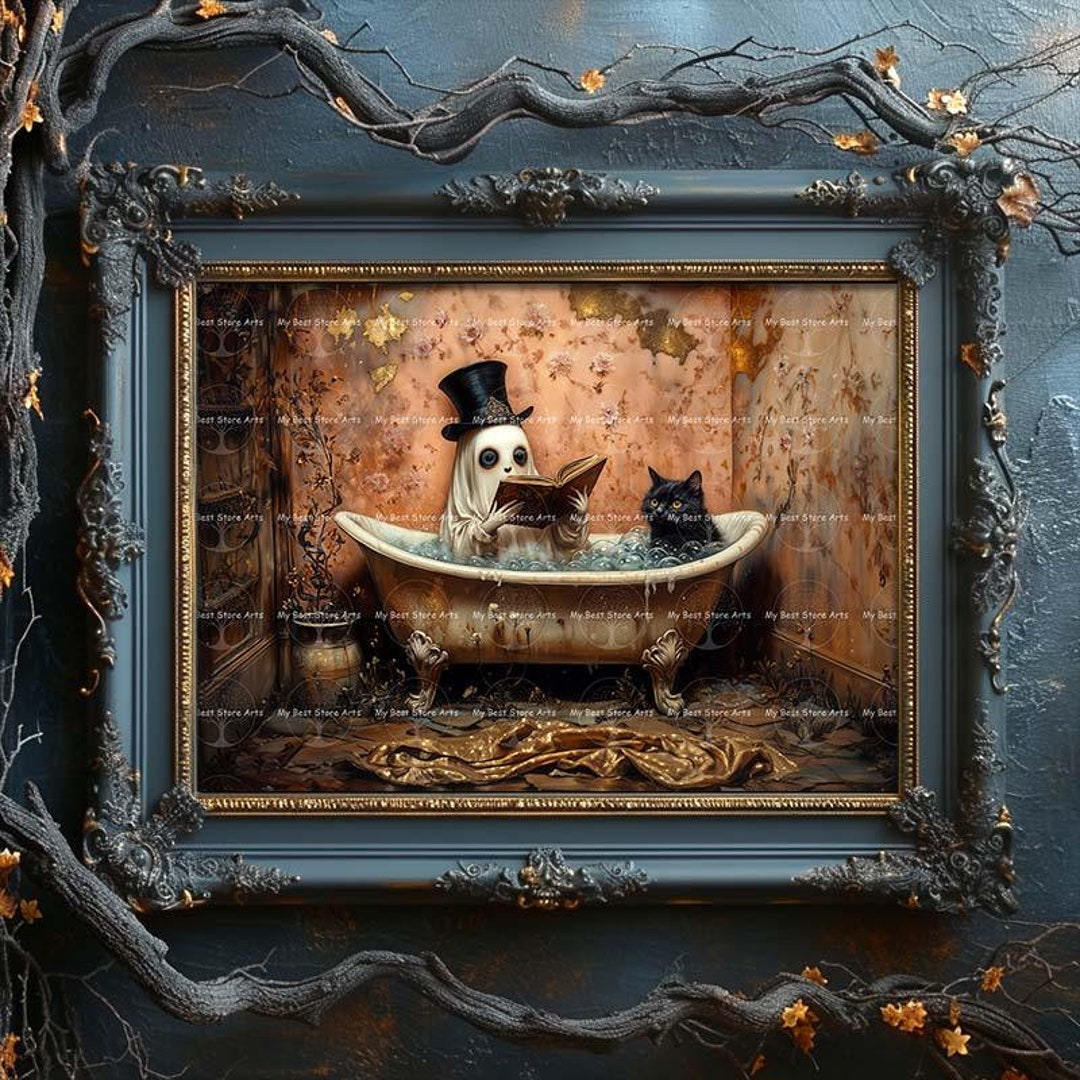Book Ghost and Cat Bathtub Art Print - Witchy Dark Academia, Halloween ...