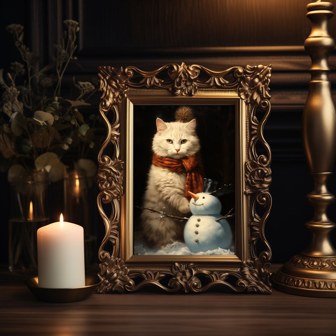 Cat and Snowman Art Print Victorian Wall Art, Christmas Print, Winter ...
