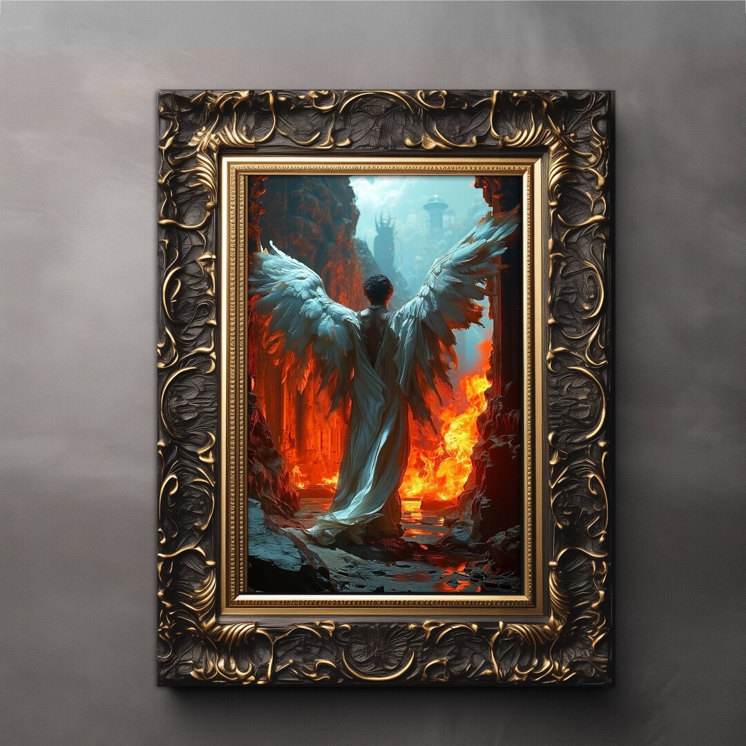 Fallen Angel Flames Art Print Fantasy Dark Academia Poster, Rebel Demon ...