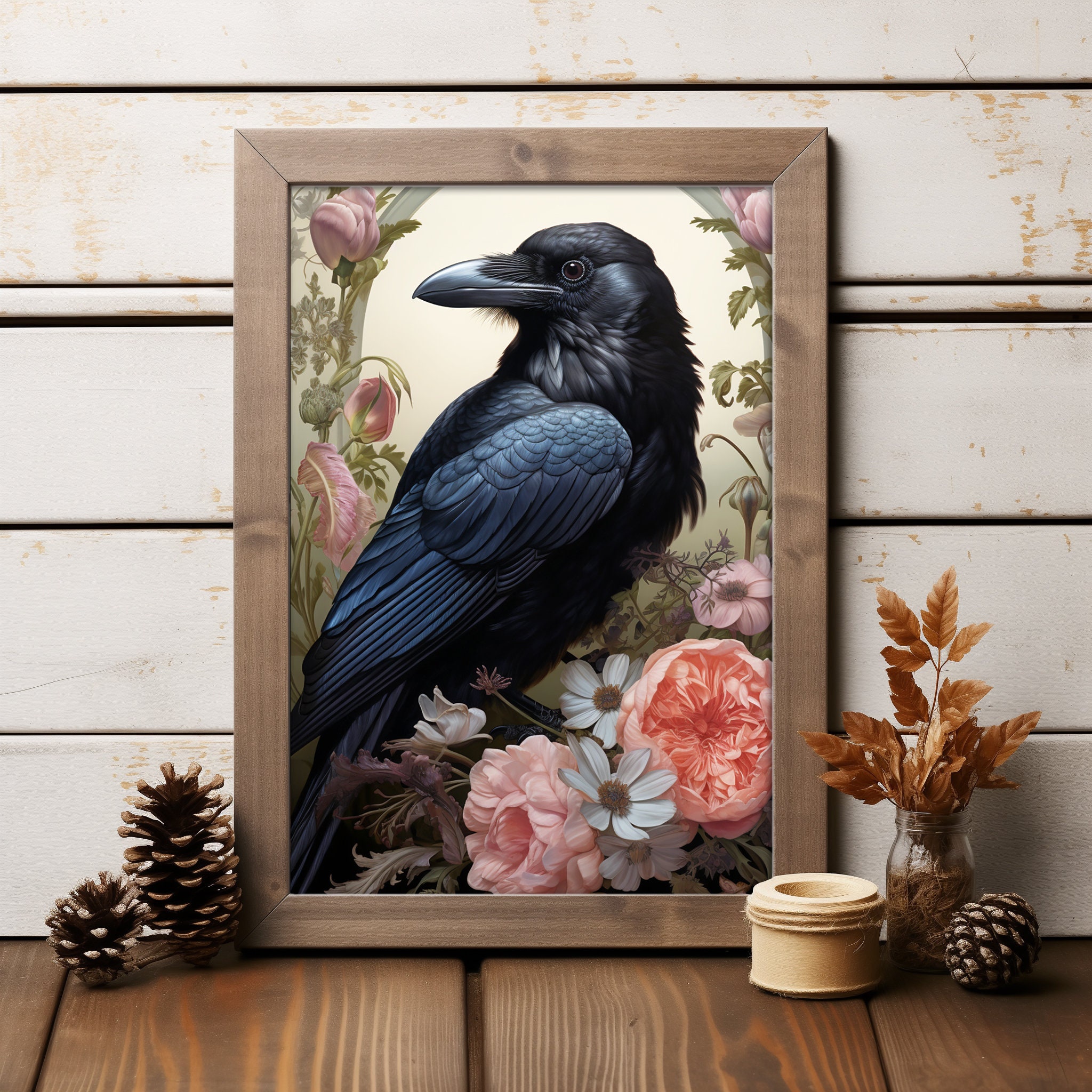 Raven Fantasy Art Print Whimsical Raven Decor Floral - Etsy