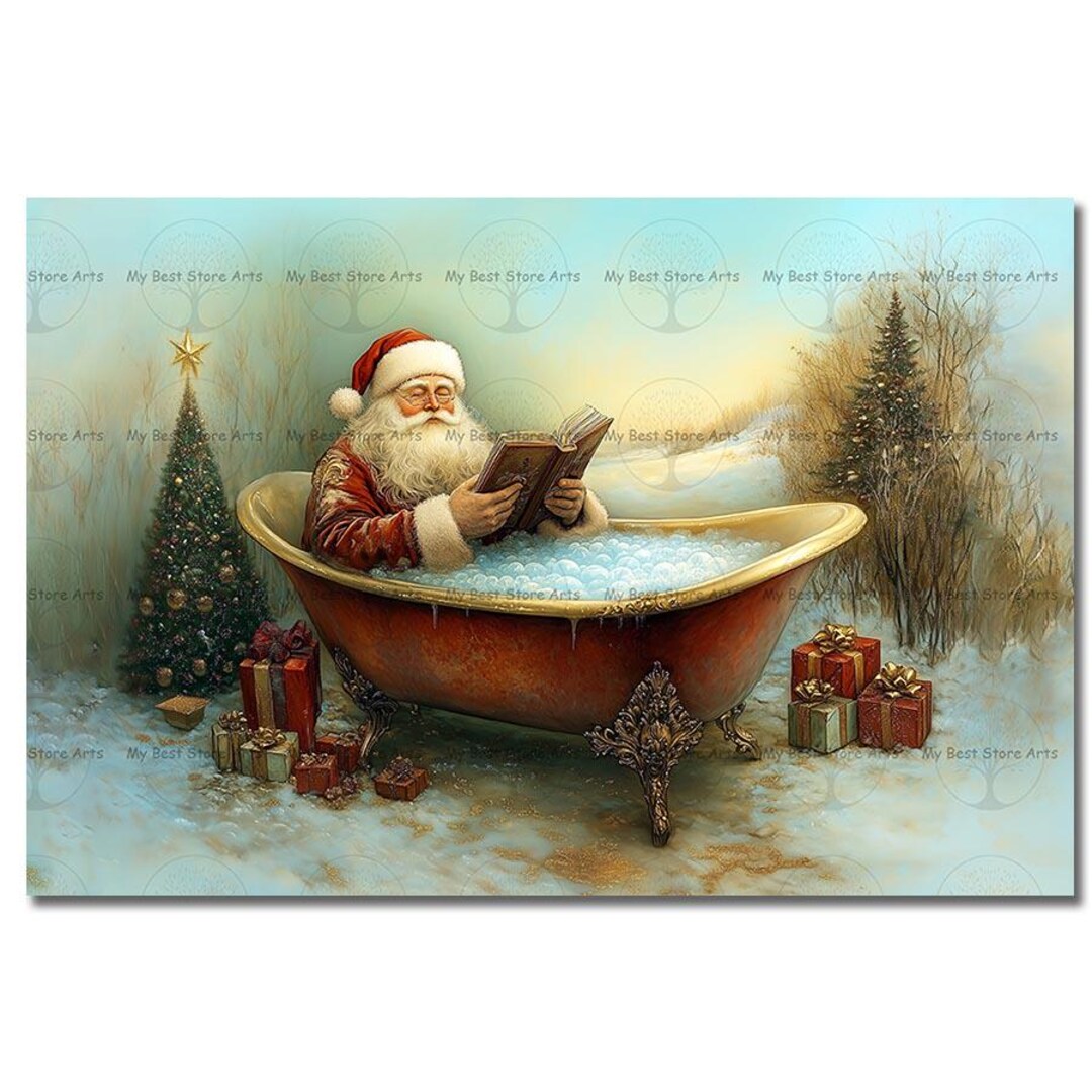 Santa Claus in Bathtub Art Print - Christmas Wall Decor, Cute Funny ...