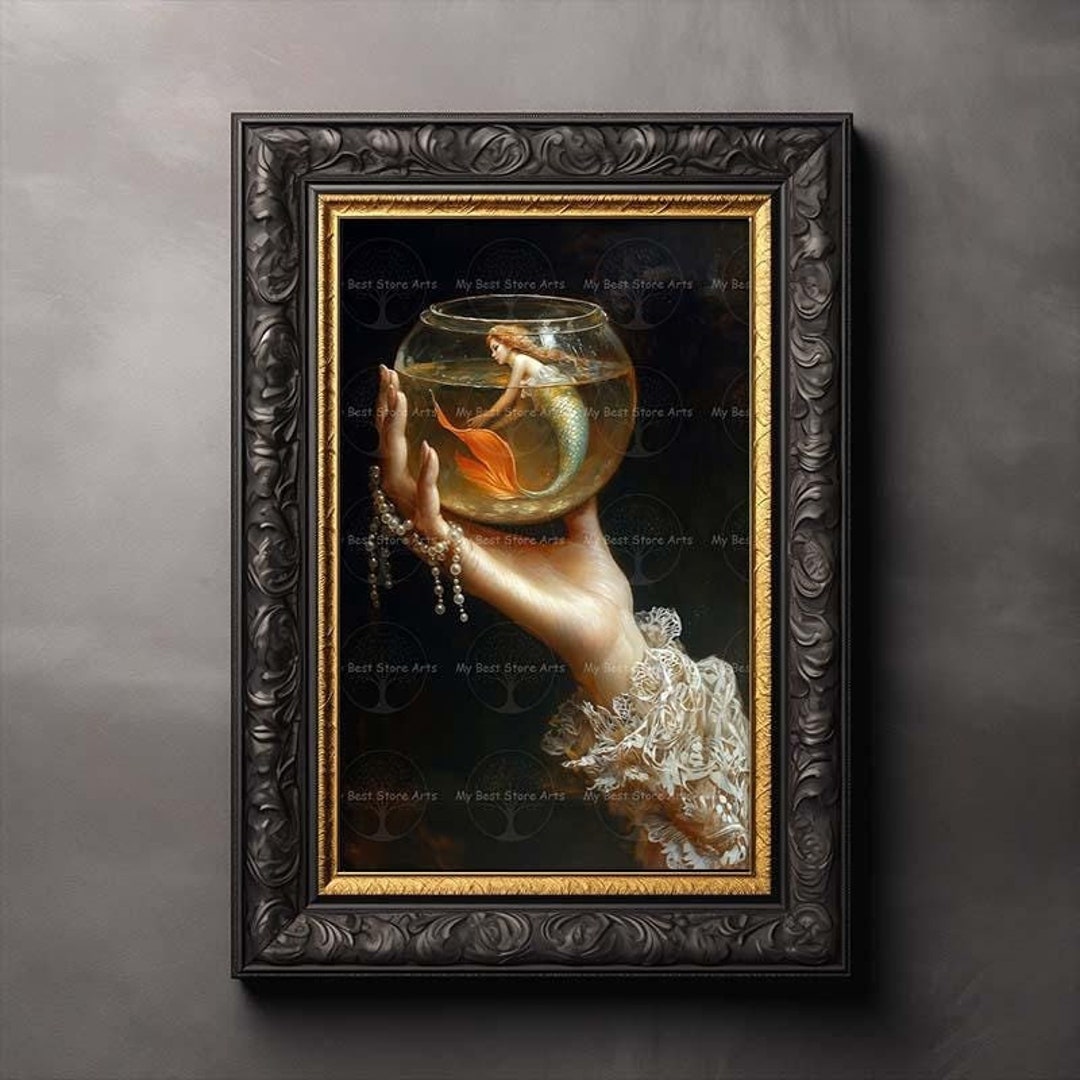 Mermaid in Fishbowl Art Print - Fantasy Victorian Hand Picture, Cute ...