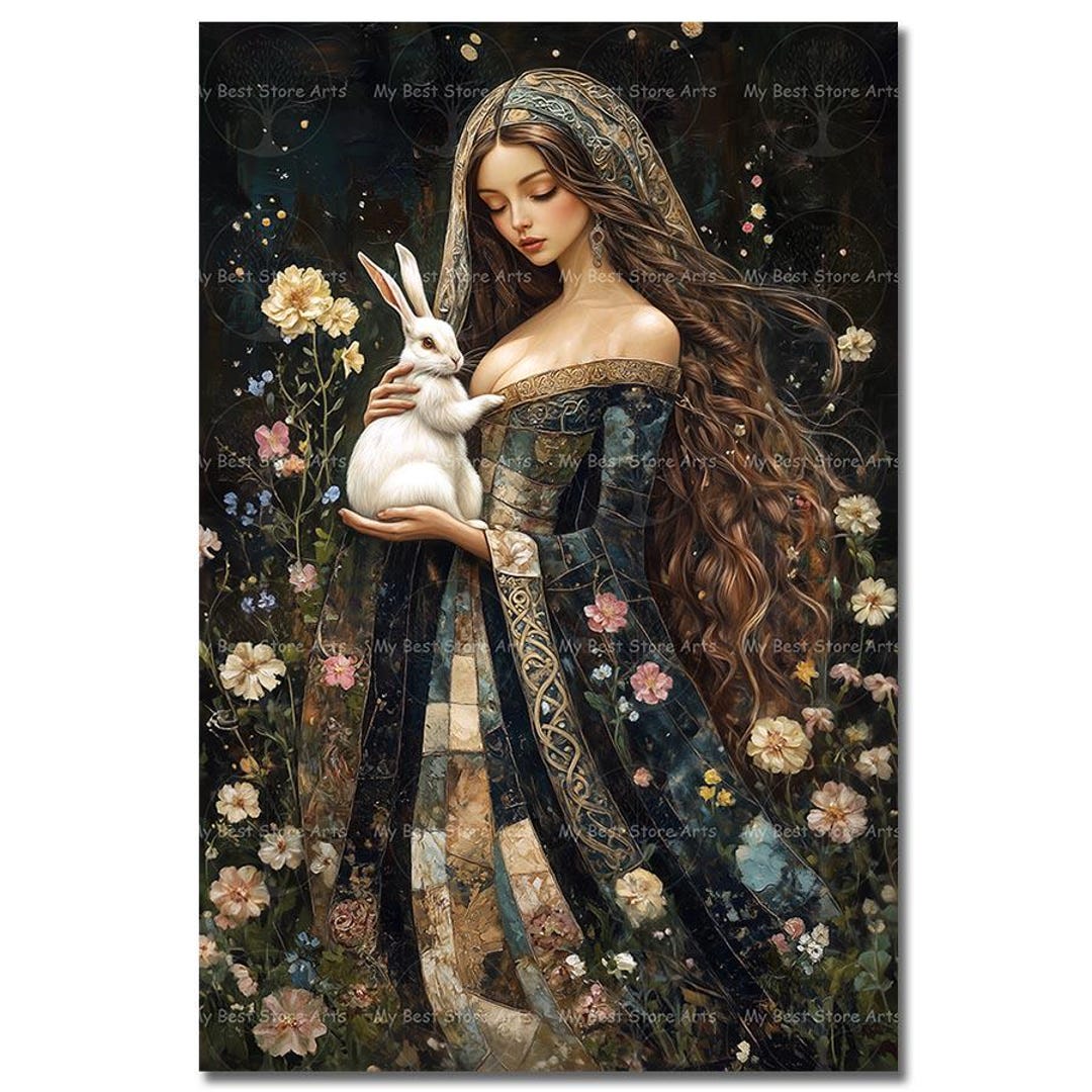 Eostre and Rabbit Art Print | Ostara Spring Deity Poster | Cute Witchy ...