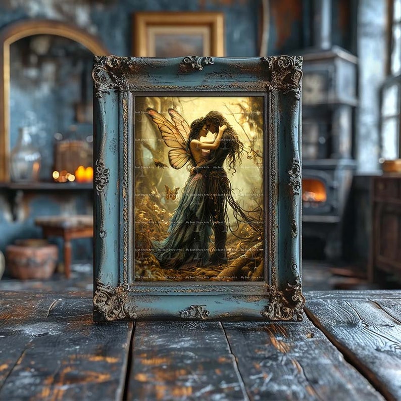 Fae Couple Art Print - Fantasy Cottagecore Picture, Cute Fae Poster ...