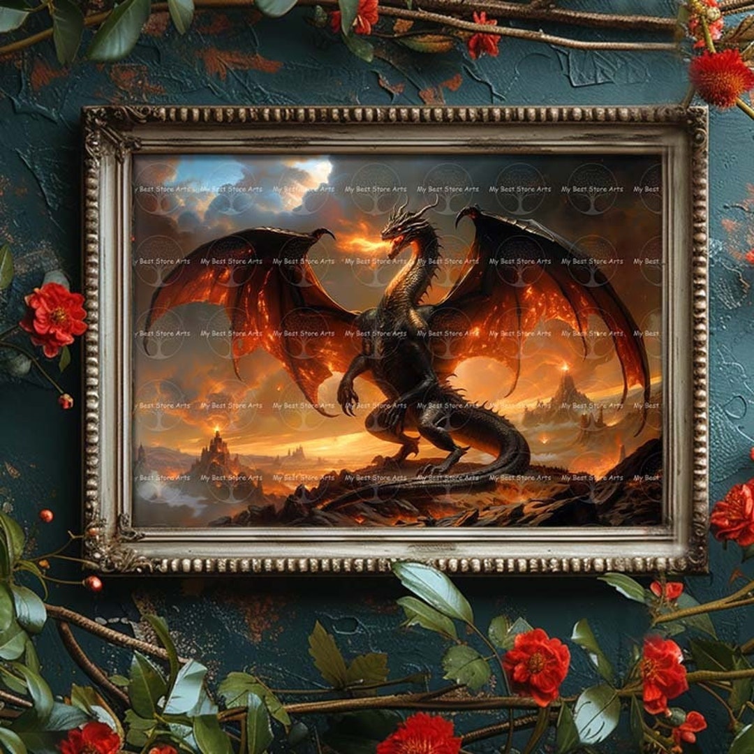 Fire Breathing Dragon Art Print - Fantasy Poster, Gothic Dark Academia ...