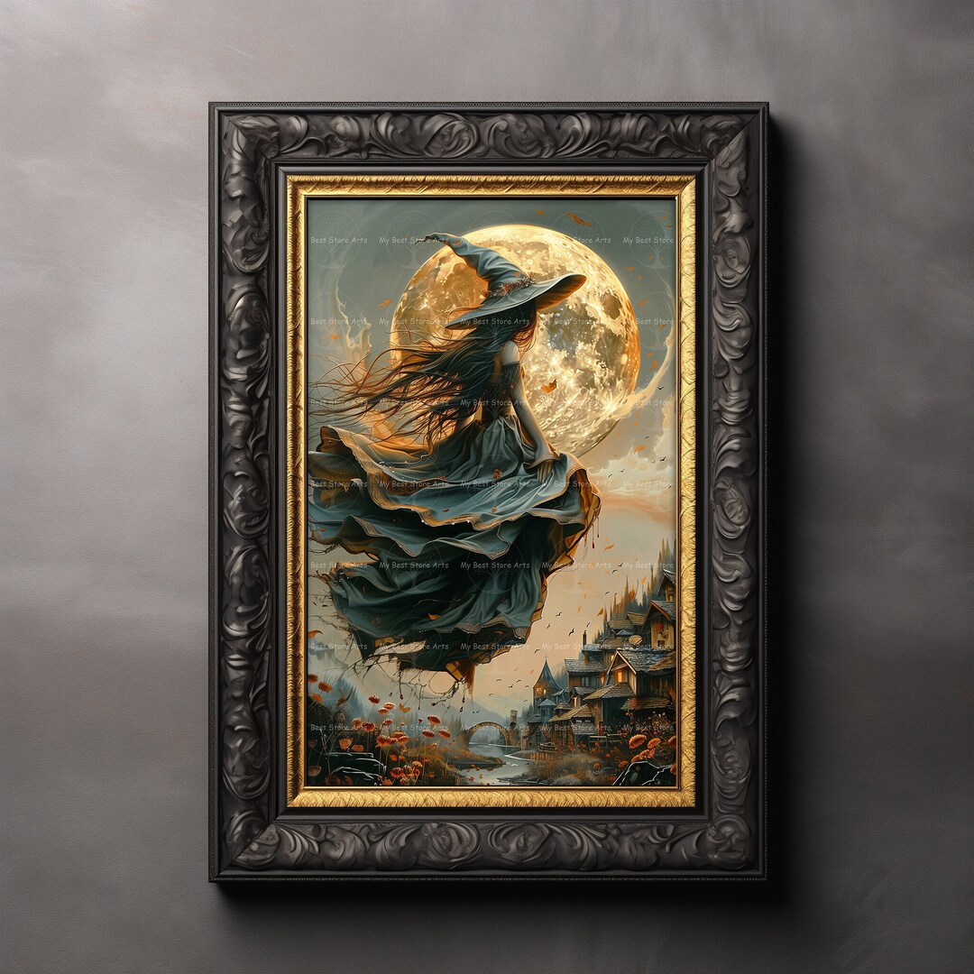Moonlit Flying Witch Art Print - Witchy Occult Picture, Cute Folklore ...
