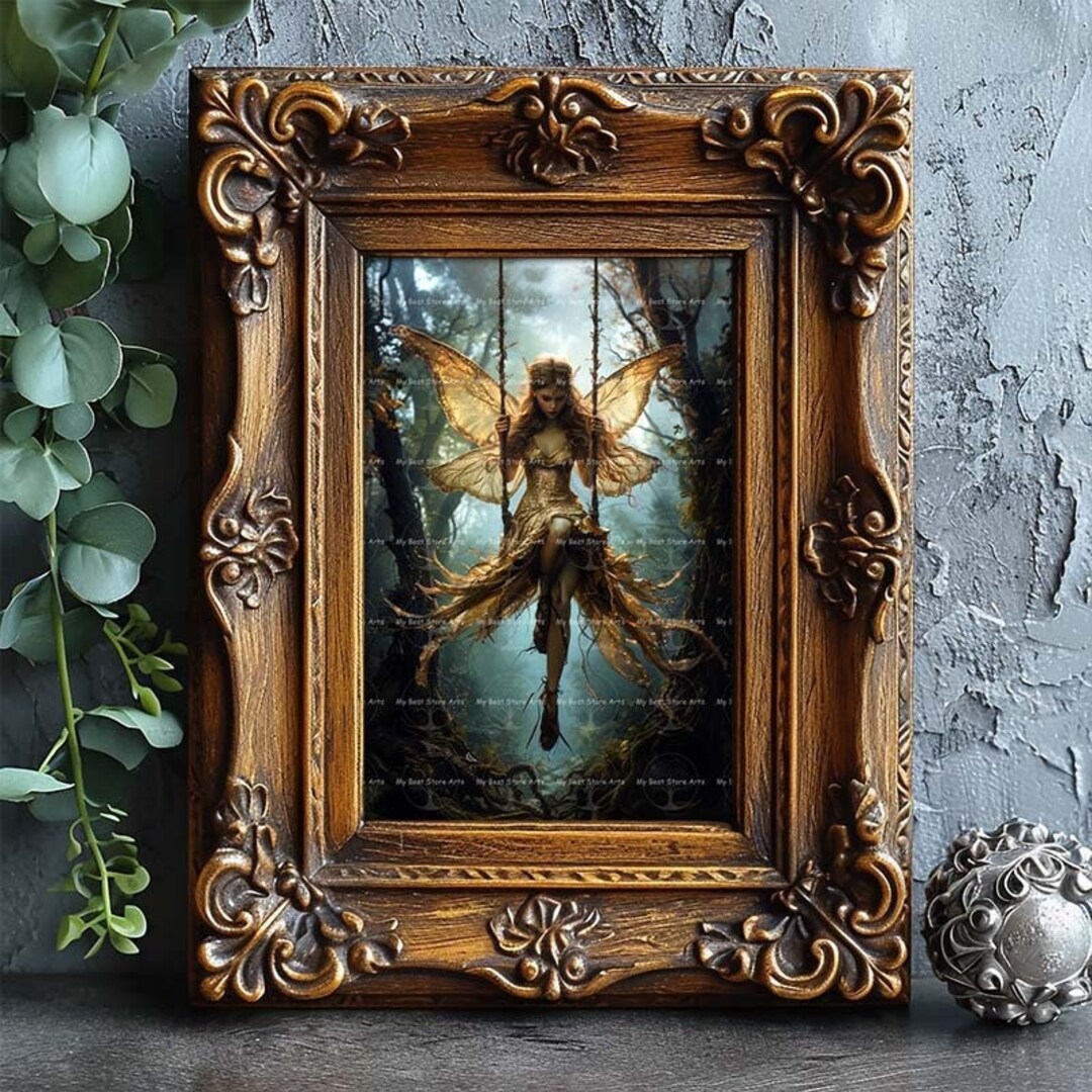 Golden Fairy on Swing Art Print - Fantasy Cottagecore Picture ...