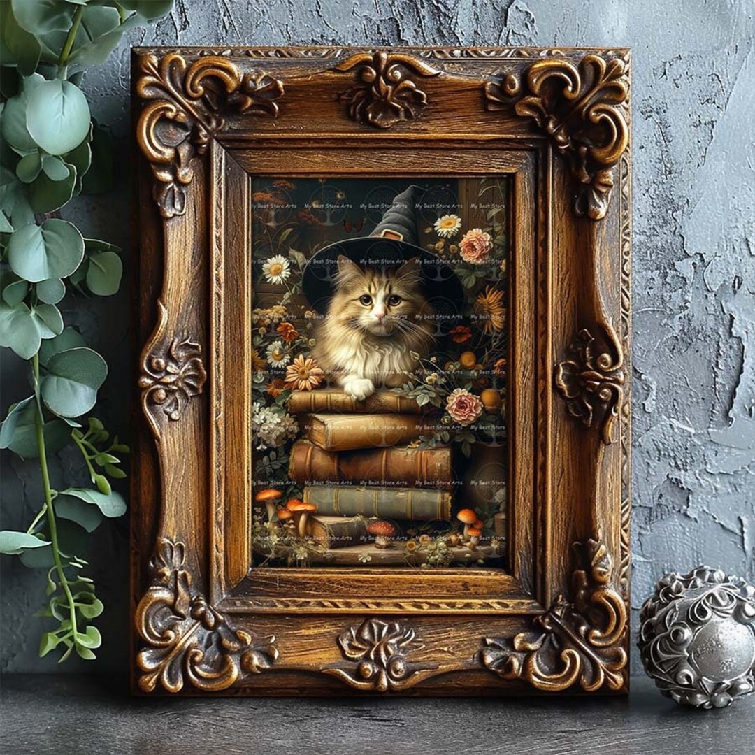 Witchy Library Cat Art Print - Whimsical Book Poster, Cute Kitten Wall ...