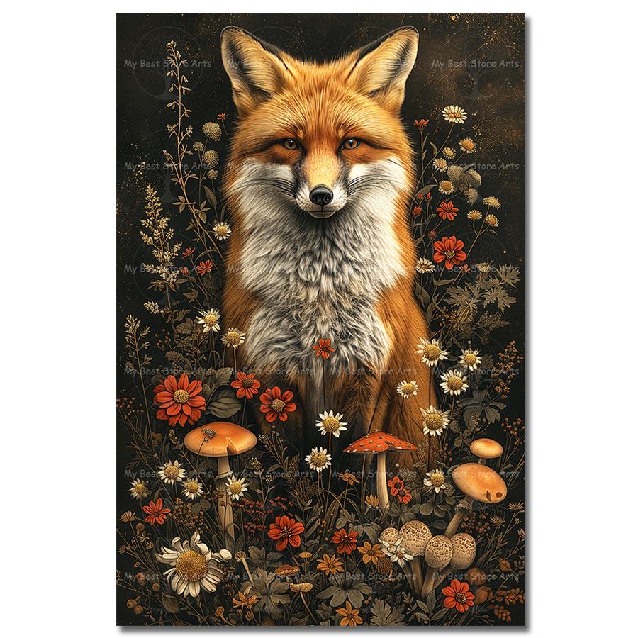 Cottagecore Fox Art Print - Botanical Flower Poster, Moody Wall Decor ...