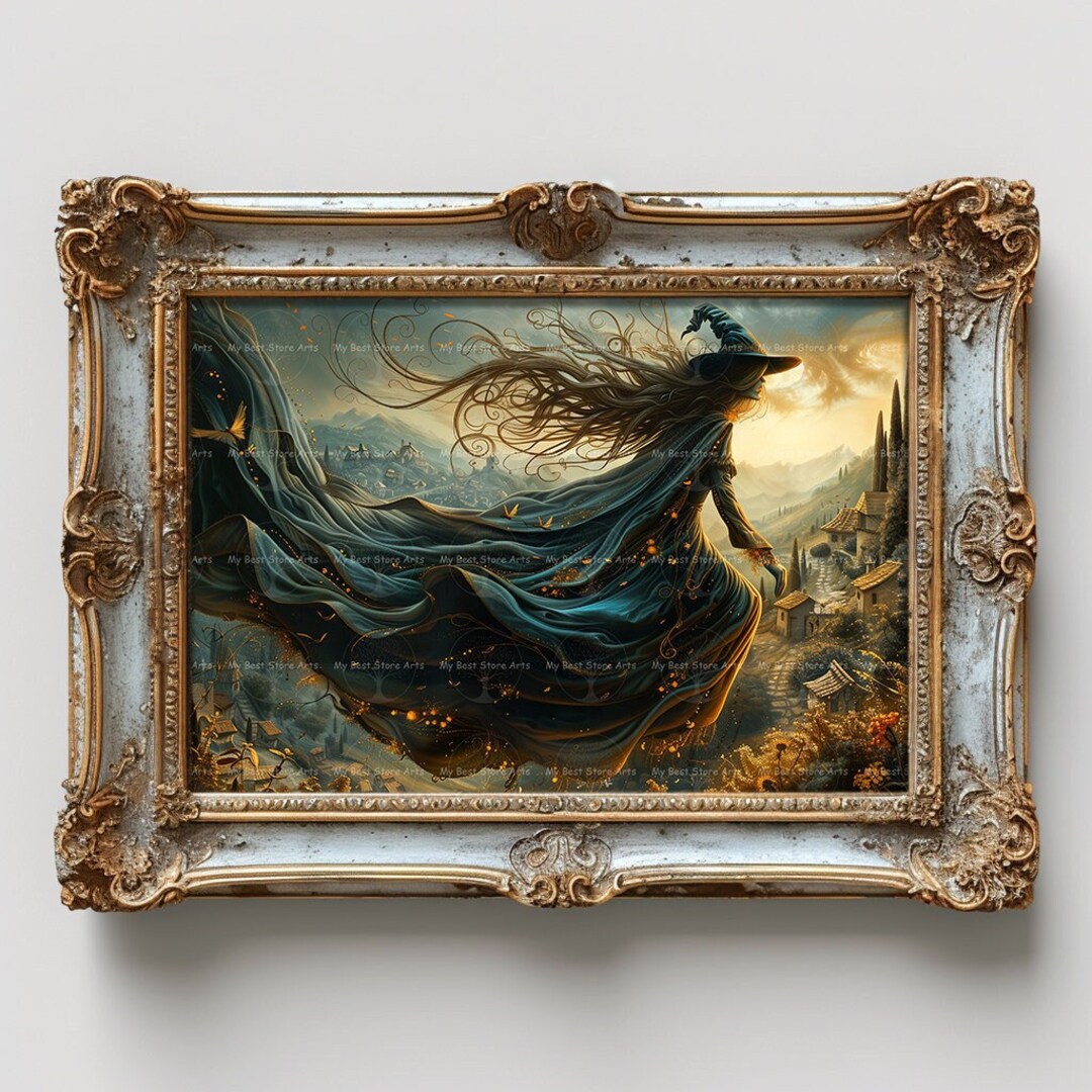 Gothic Flying Witch Art Print - Witchy Occult Picture, Cute Folklore ...