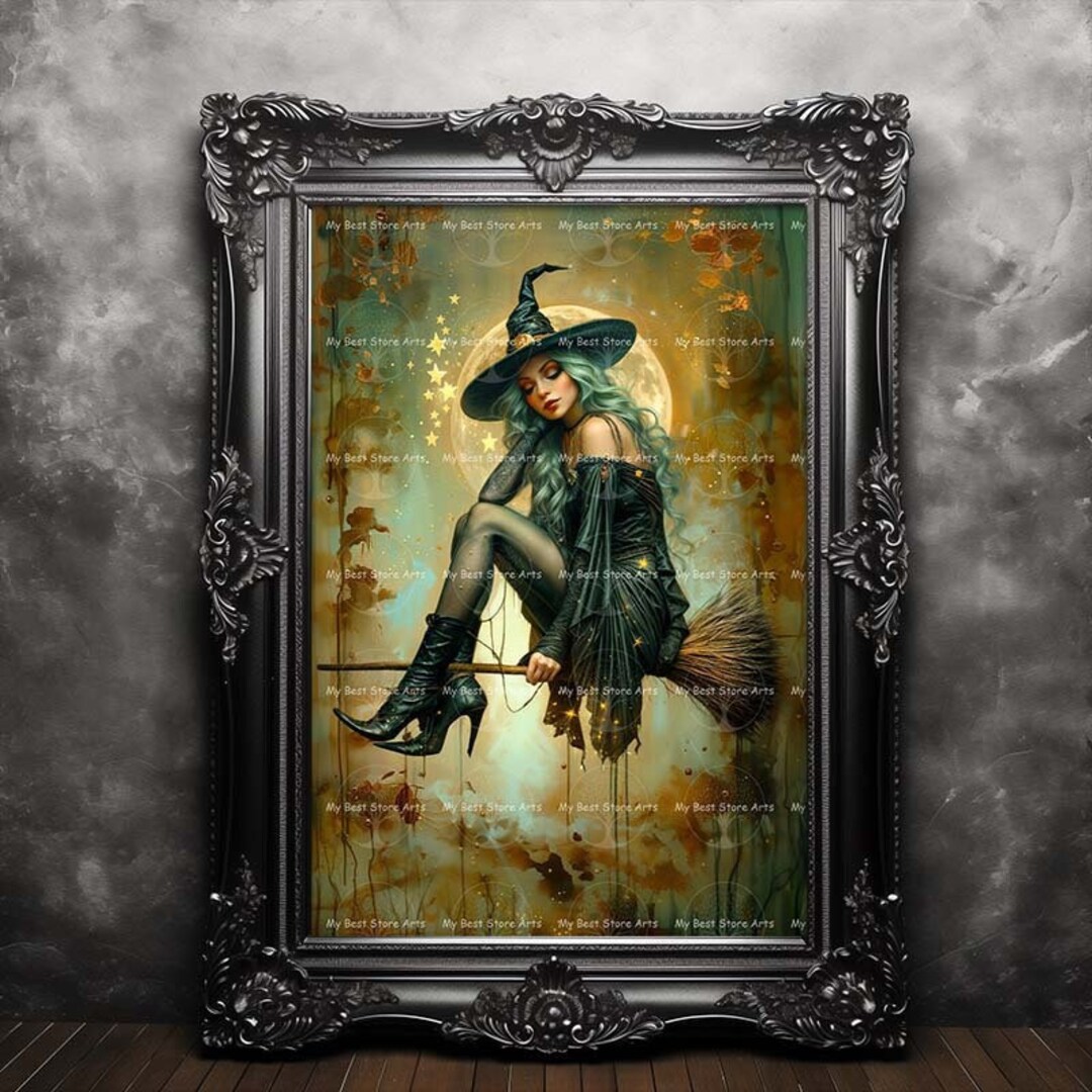 Witch on Broom Art Print - Witchy Occult Picture, Cute Folklore Wall ...