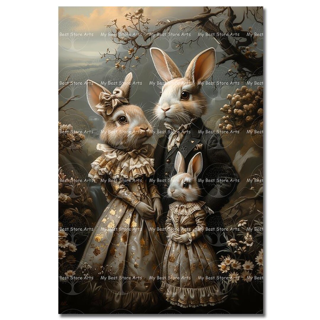 Victorian Rabbit Family Art Print - Gothic Fantasy Poster, Cottagecore ...