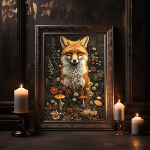 Cottagecore Fox Art Print - Botanical Flower Poster, Moody Wall Decor ...